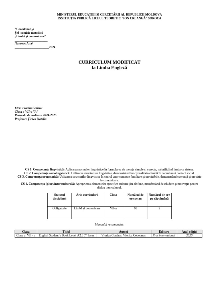 Curriculum Modificat Clasa 7 | PDF | Vocabulary | Linguistic Morphology