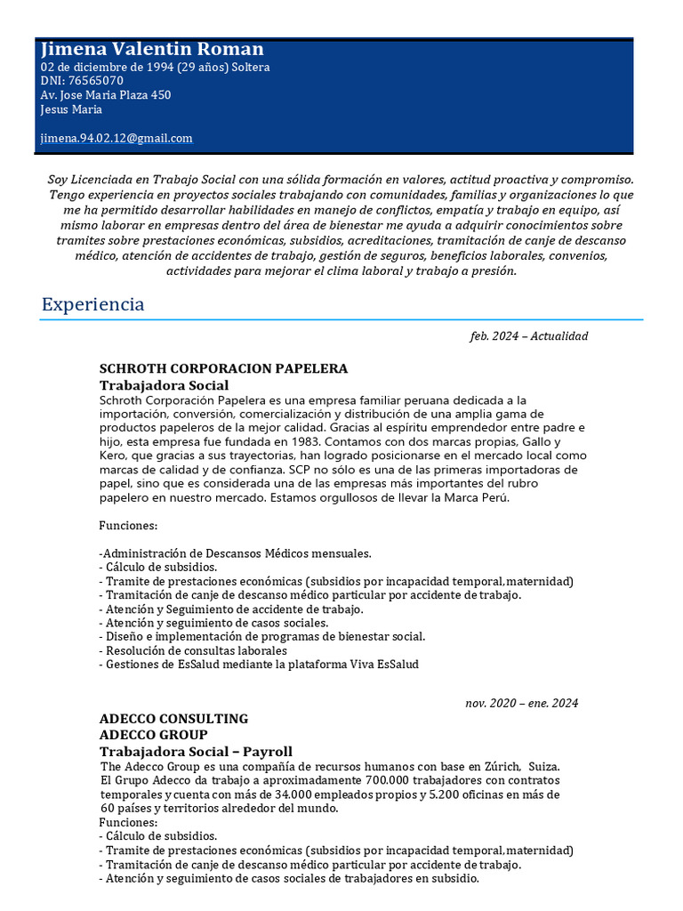 CV Jimena Valentin Roman | PDF | Trabajo Social | Perú
