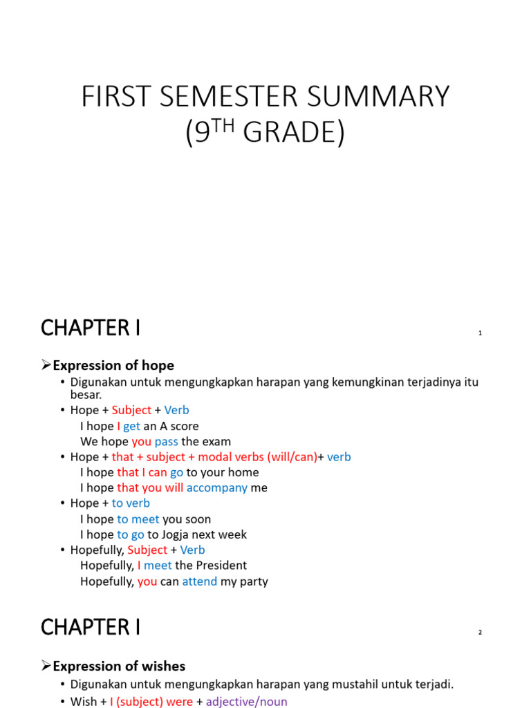 Summary of The First Semester of Class 9 - 092501 | PDF | Grammatical ...