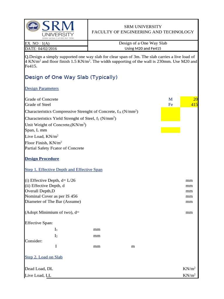 One Way Slab Design Procedure M20 Fe415 | PDF | Applied And ...