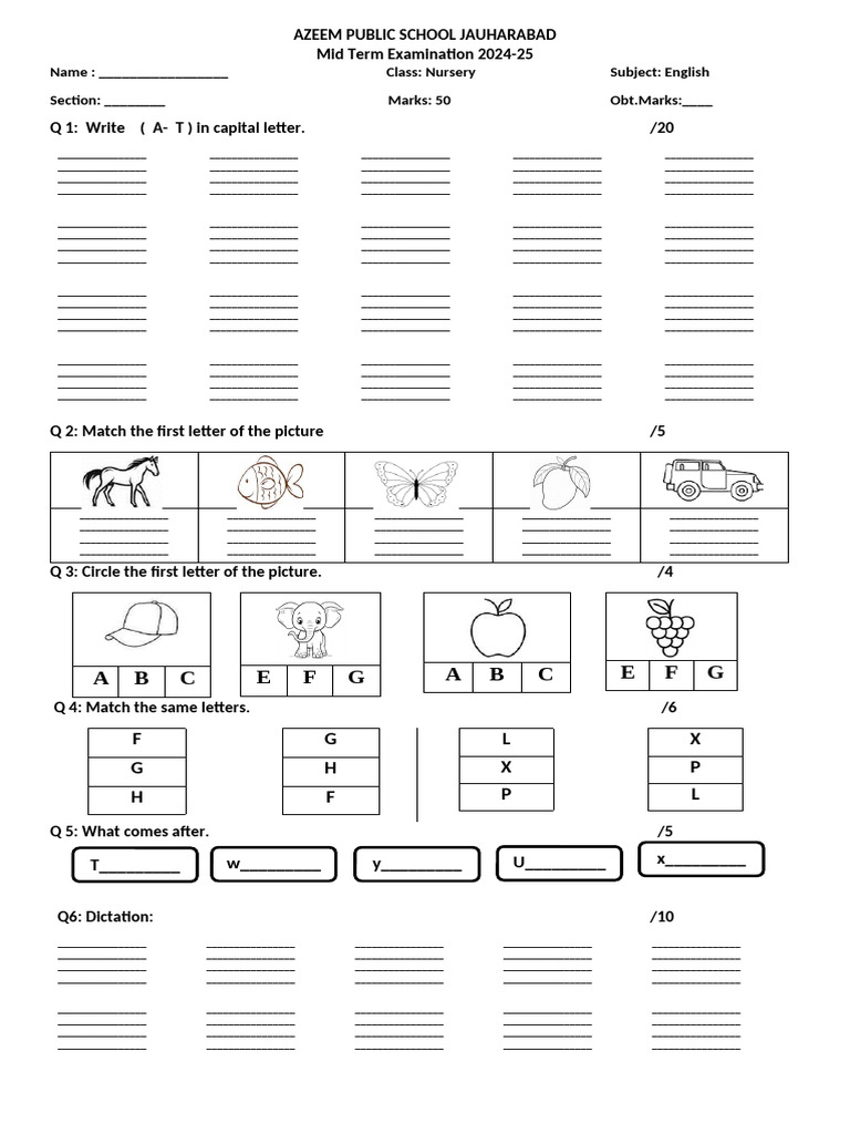Class Nursery English Paper | PDF