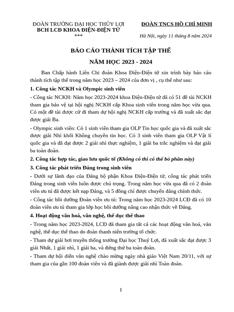 Bao Cao Hoat Dong Nam Hoc 2023-2024 Khoa Dien-Dien Tu | PDF