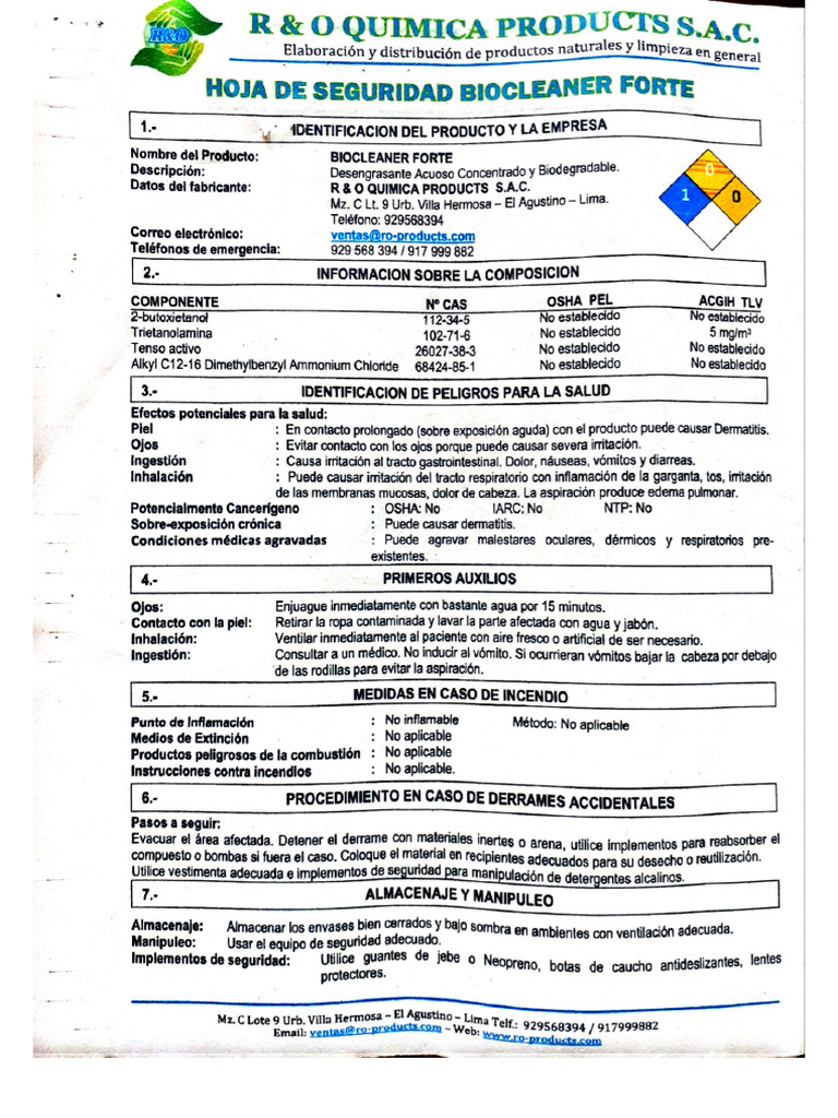 Biocleaner Forte R&o Quimica Products Sac | PDF