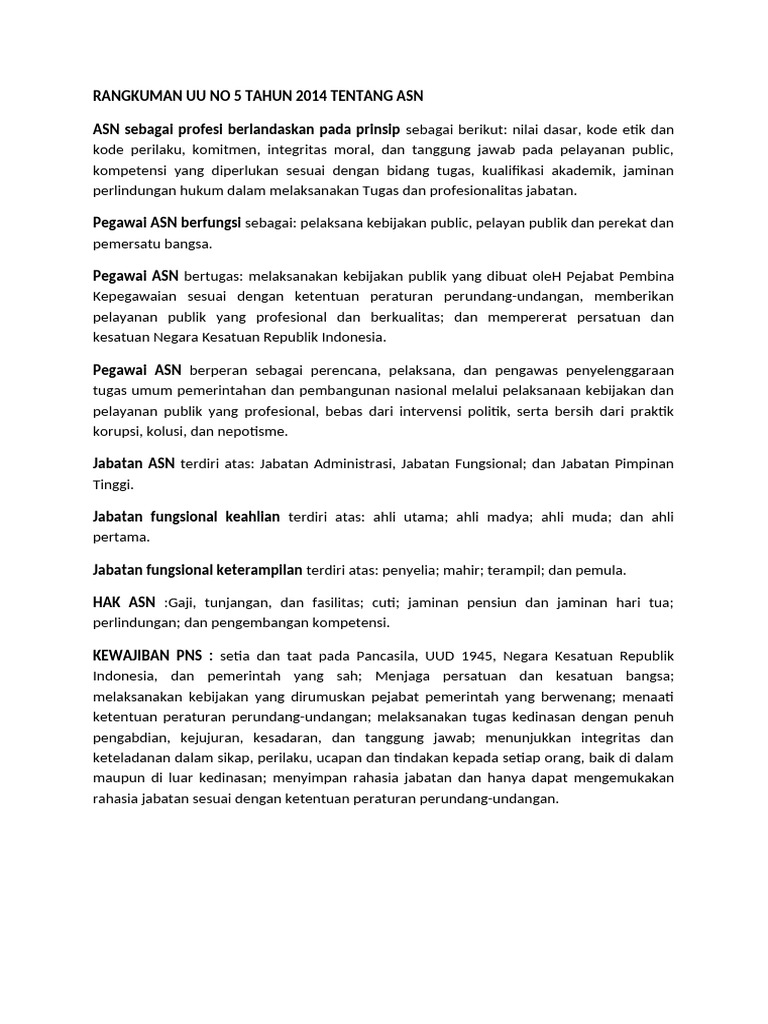 Rangkuman UU No. 5 Tahun 2014 tentang ASN | PDF