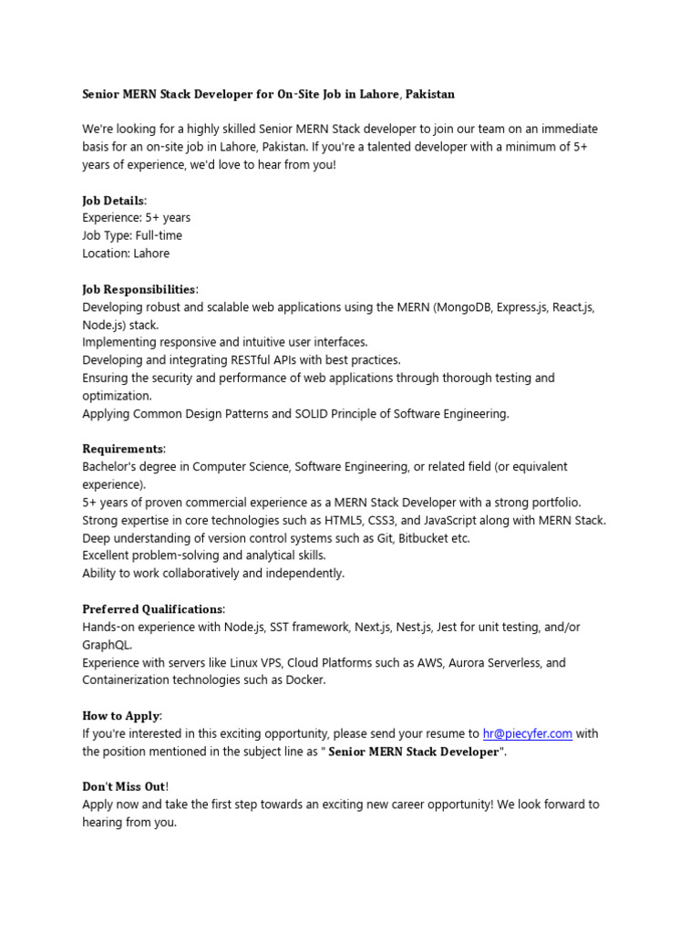 Sr. MERN Stack Developer - PieCyfer | PDF