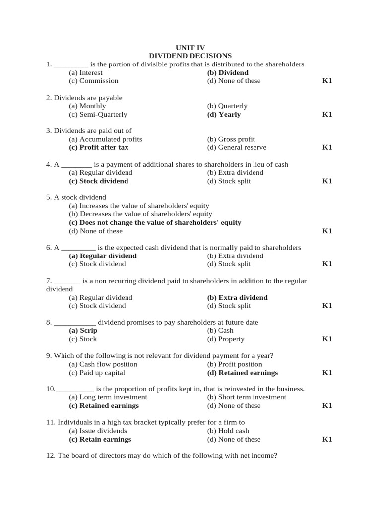 Fm-Unit Iv - MCQ | PDF | Dividend | Stocks