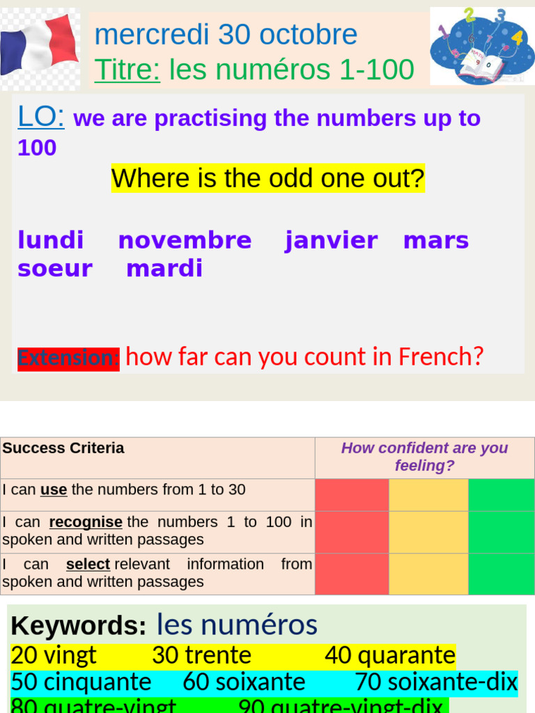 Week 28 Oct Les Numéros 1-100 | PDF | Teaching Methods & Materials