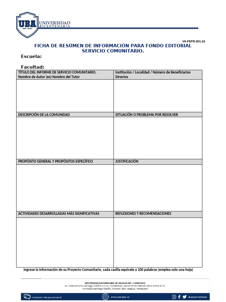 Fondo Editorial Ficha Resumen Servicio Comunitario | PDF