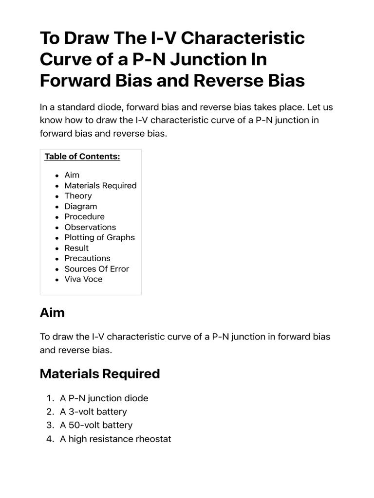 To Draw The I-V Characteristic Curve of A P-N Junction in Forward Bias ...
