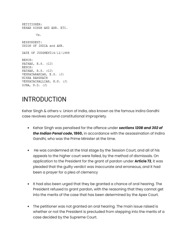 Kehar Singh v. Union of India Case Summary | PDF | Pardon | Supreme ...