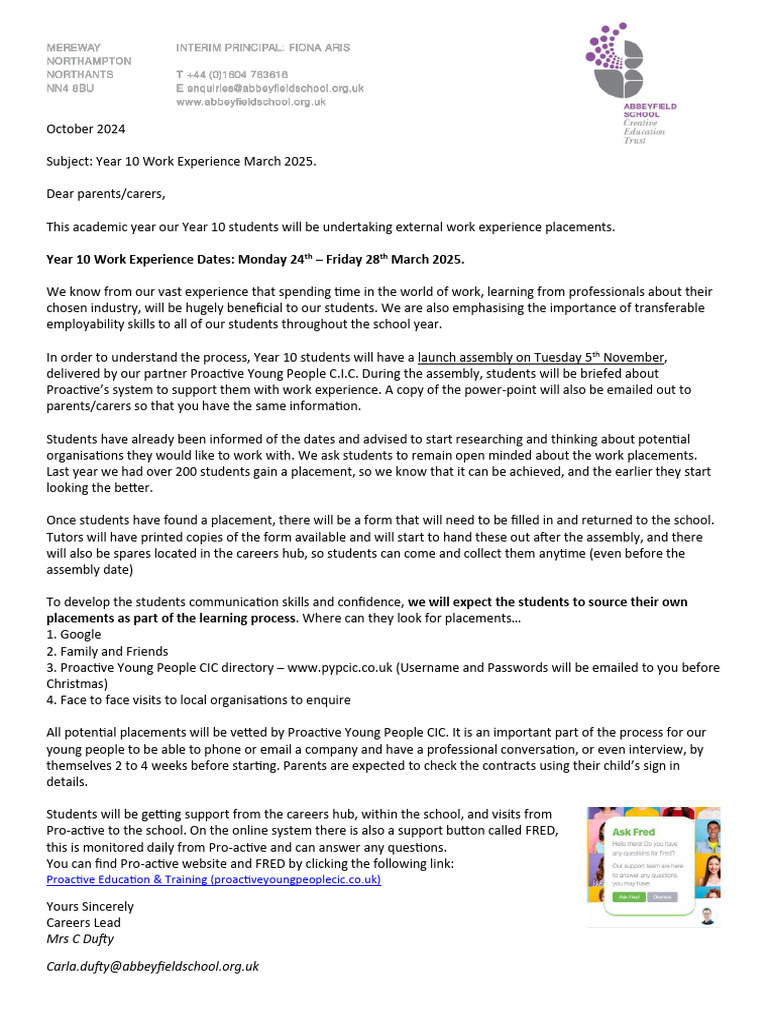 Work Experience Letter Home 1 October 2024 | PDF