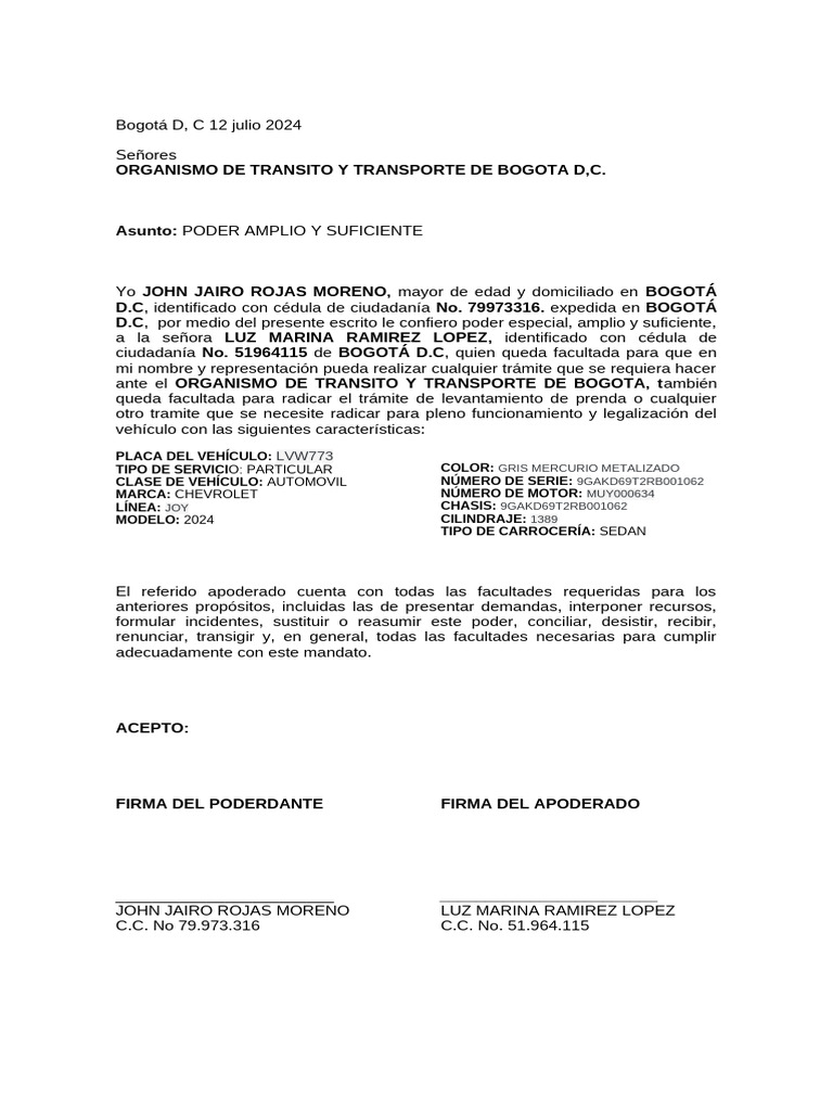 FORMATO PODER AMPLIO Y SUFICIENTE Transito | PDF