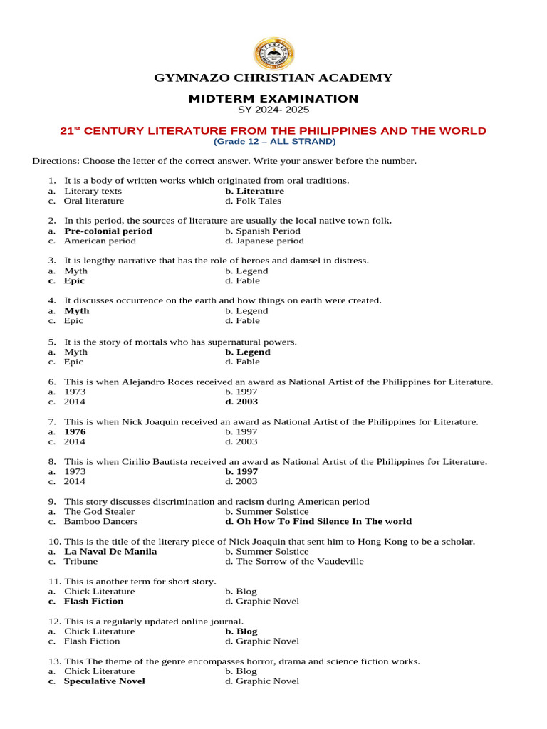 Grade 12 Literature Midterm Exam Guide | PDF | Philippines | Novels