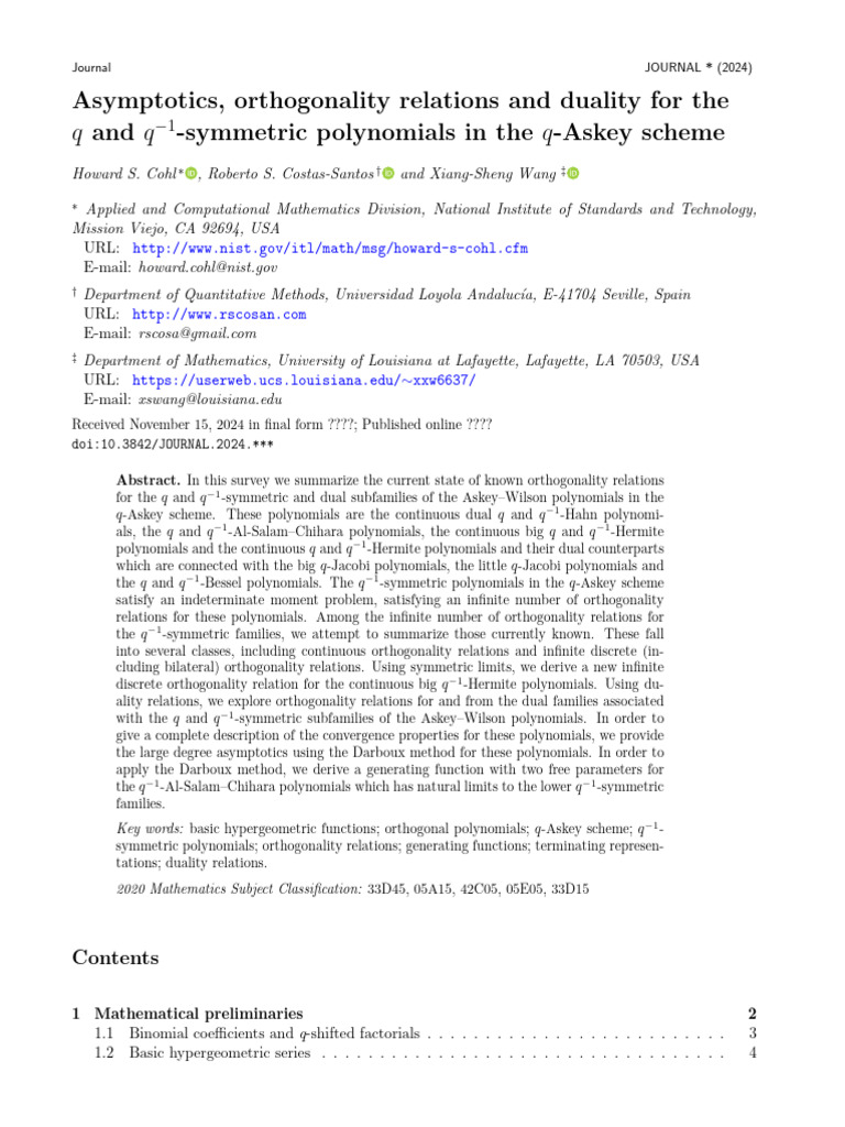 Asymptotics, Orthogonality Relations and Duality For The and - Symmetric Polynomials in The ...