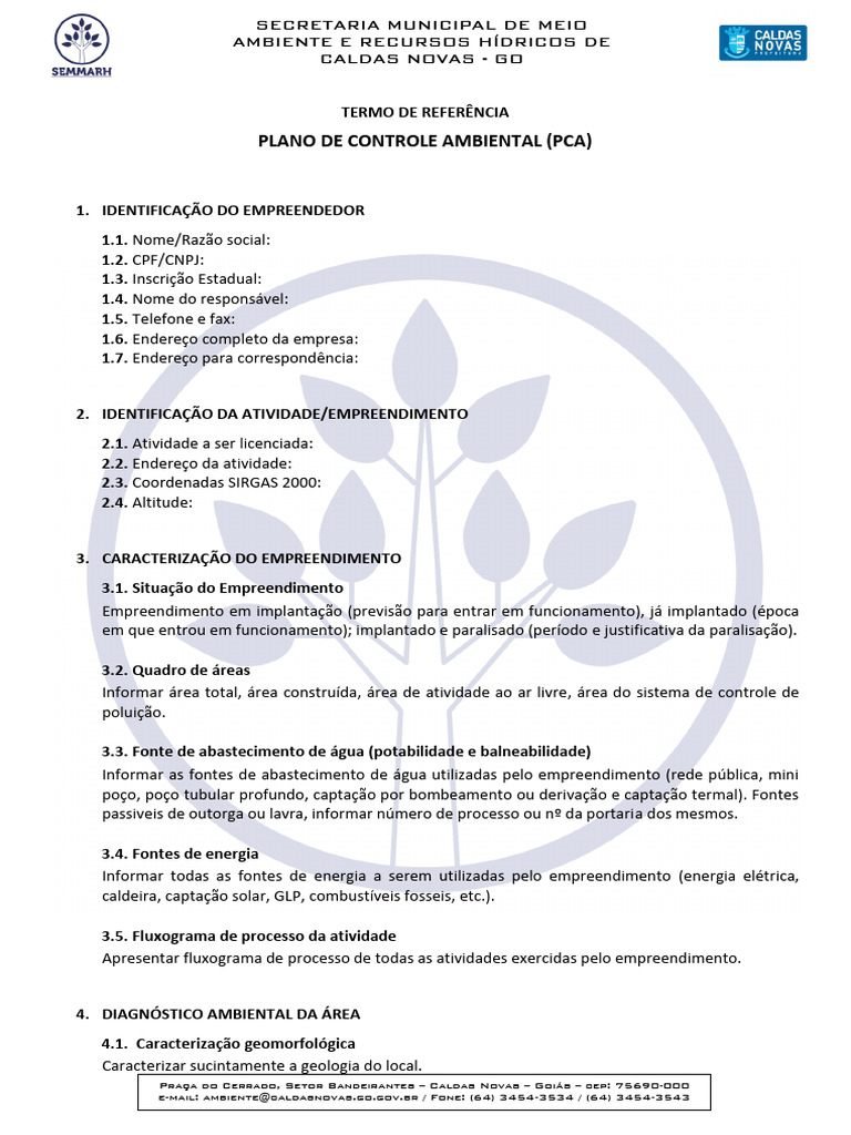 Modelo Plano de Controle Ambiental - Pca | PDF | Hidrologia | Desperdício