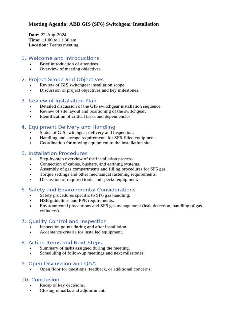 Meeting Agenda - ABB GIS Switchgear Installation | PDF | Science ...