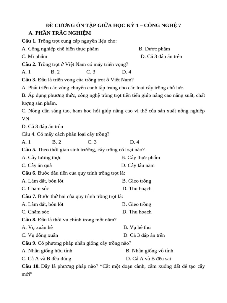 ĐỀ CƯƠNG ÔN TẬP GIỮA HỌC KỲ 1 - CN7 | PDF