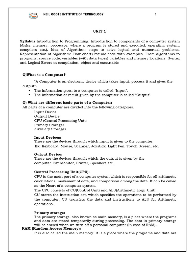UNIT-I | PDF | Integer (Computer Science) | Computer Data Storage