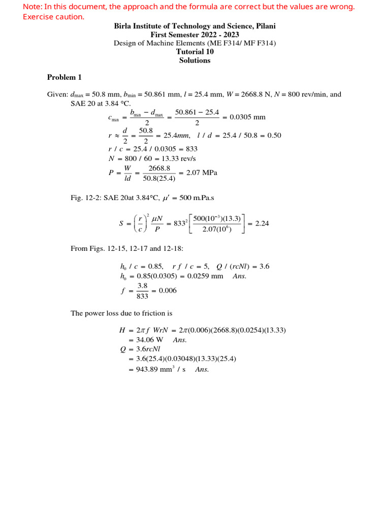BITS Pilani ME F314 Tutorial 10 Solutions | PDF