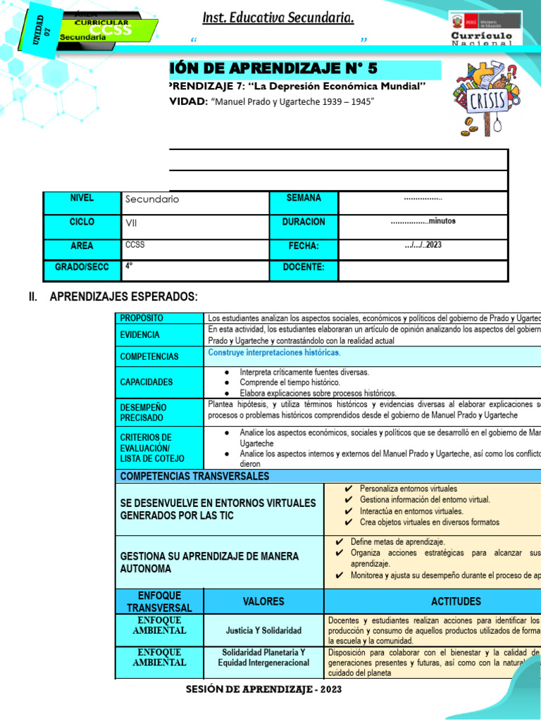 Sesion CCSS 4° Sec-Semana 05 Uni 7 | PDF | Evaluación | Aprendizaje