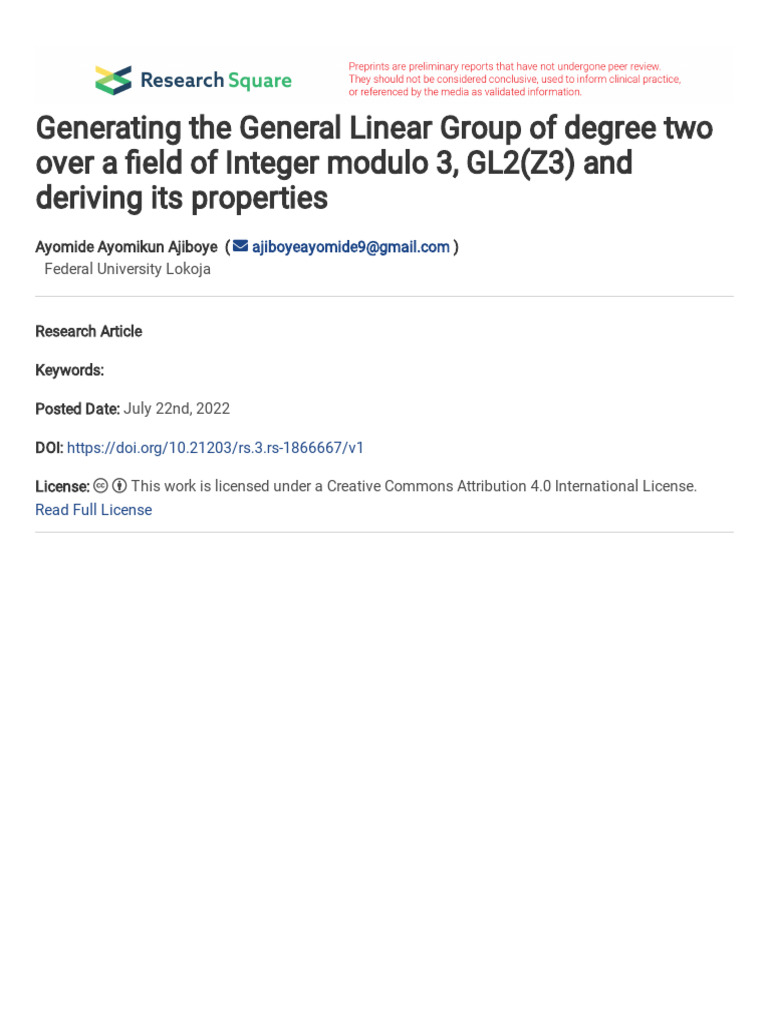 Generating The General Linear Group of Degree Two | PDF | Matrix ...