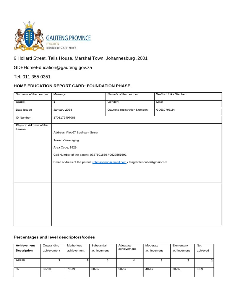 2024 Gauteng Home Education Report Card Template-Foundation Phase ...