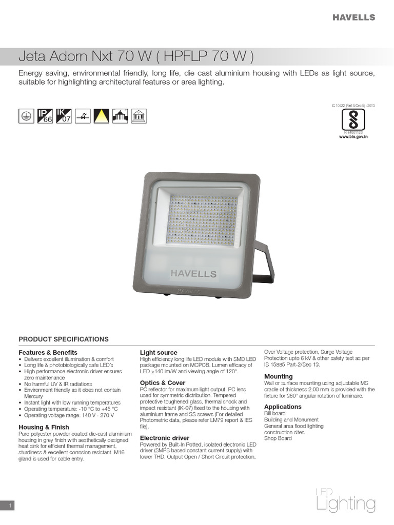 Jeta Adorn Nxt 70W LED Flood Light | PDF | Lighting | Light Emitting Diode