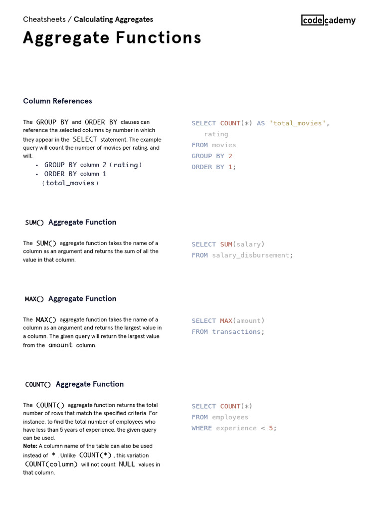 Calculating Aggregates Aggregate Functions Cheatsheet Codecademy Pdf Numbers Function