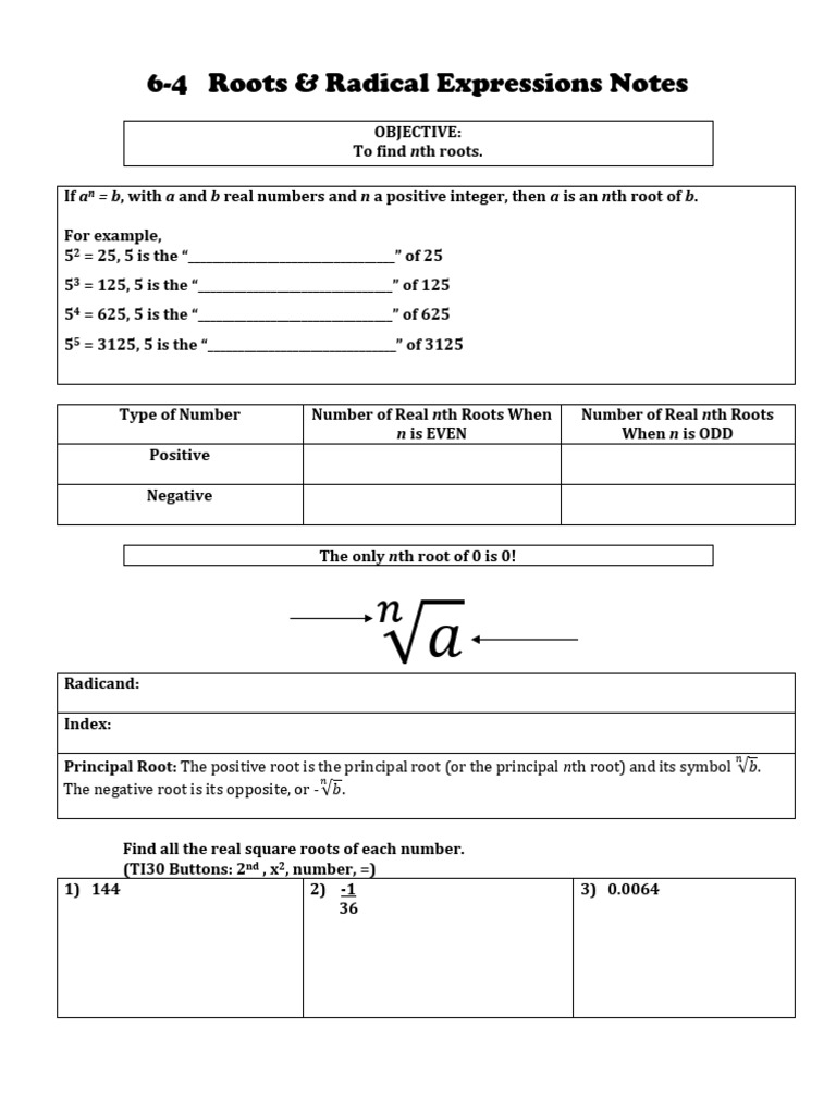 6-4 Roots & Radical Expressions Notes | PDF | Mathematical Concepts ...