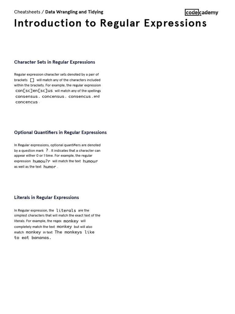 Data Wrangling and Tidying - Introduction To Regular Expressions Cheatsheet - Codecademy | PDF ...