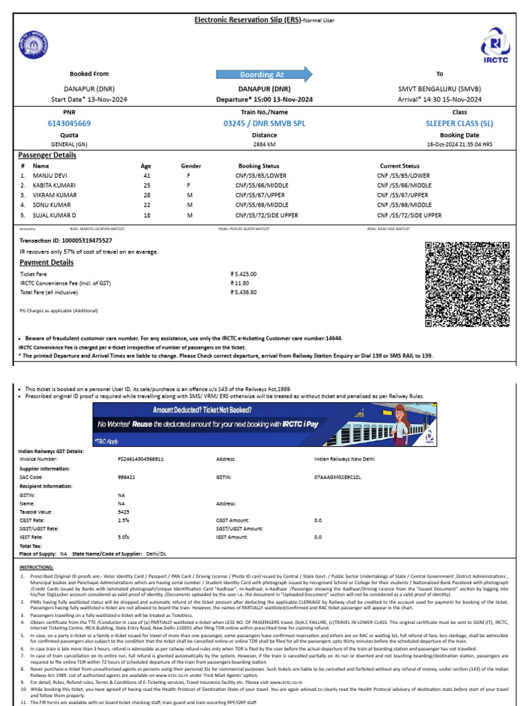 Indian Railways E-Ticket Booking Details | PDF | Identity Document