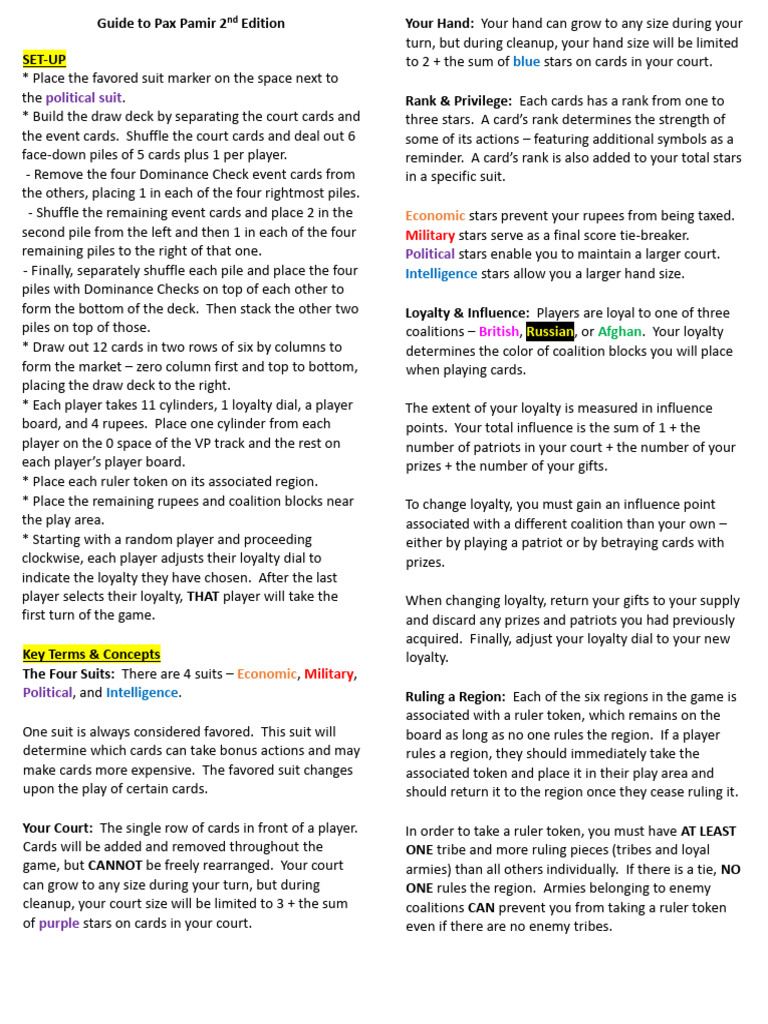 Pax Pamir 2nd Edition Game Aid - 4 Pages v1.1 | PDF