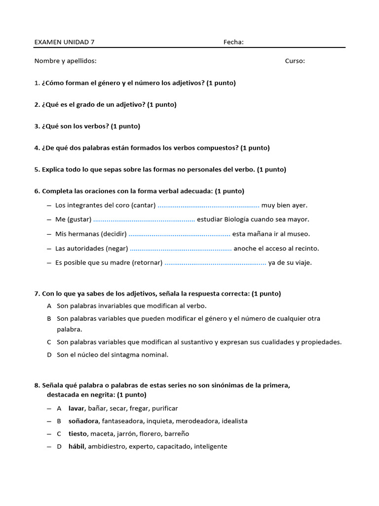 Examen de Adjetivos y Verbos | PDF | Adjetivo | Verbo