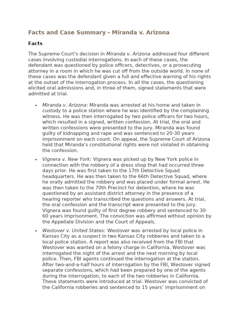Land Mark Cases for study | PDF | Miranda V. Arizona | Fifth Amendment ...