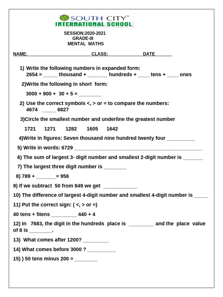 Class 3 Mental Maths Worksheet | PDF | Teaching Methods & Materials
