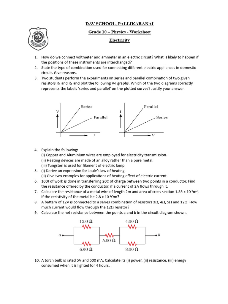 Grade 10 Physics - Electricity Worksheet | PDF