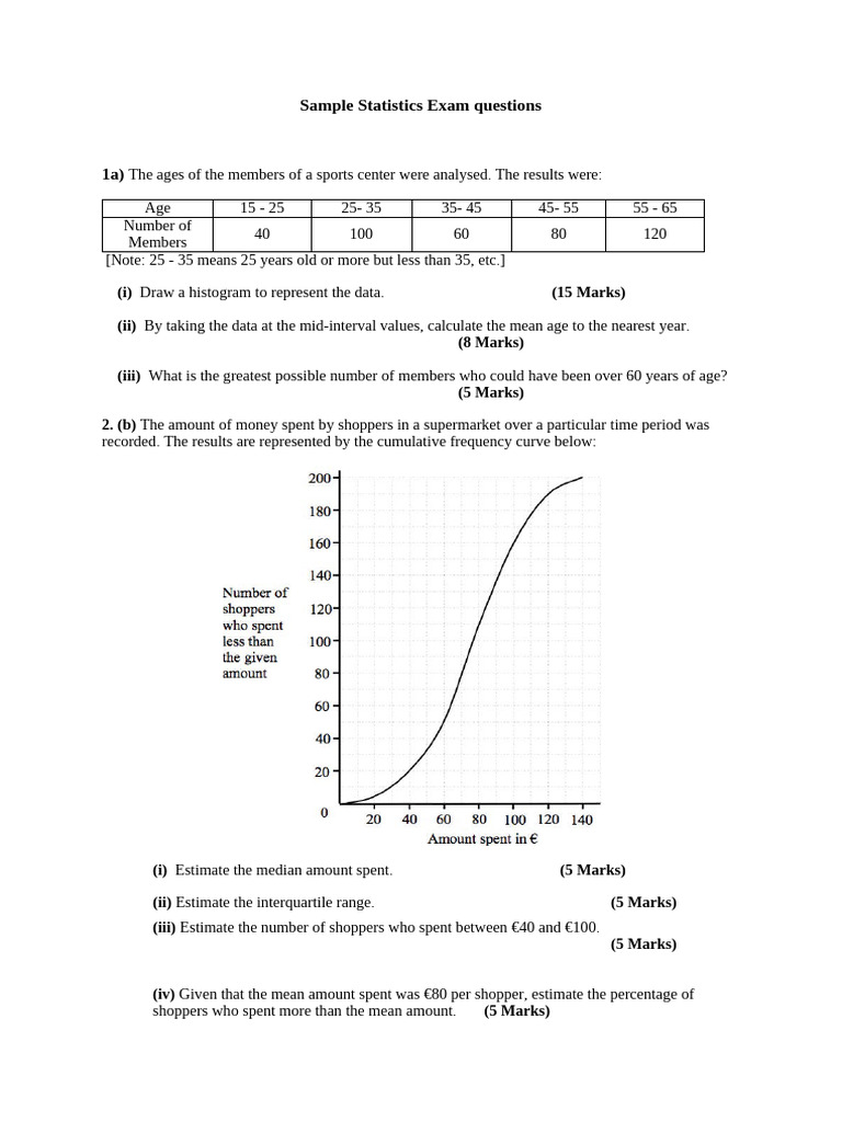 Sample Statistics Exam Questions | PDF | Histogram | Statistics