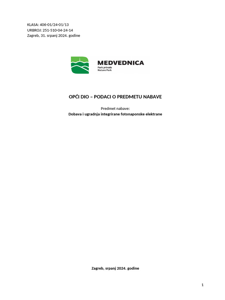 Opći Dio - Podaci o Predmetu Nabave JEDN 44 2024 | PDF