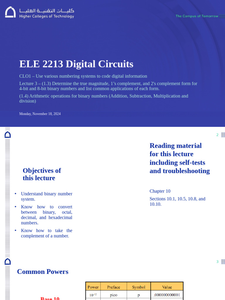 ELE 2213 Digital Circuits - CLO1 - Lecture 3 Version 202230 | PDF | Subtraction | Multiplication
