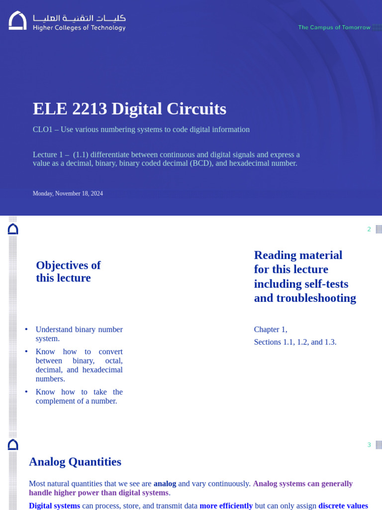 ELE 2213 Digital Circuits - CLO1 - Lecture 1 Version 202230 | PDF ...