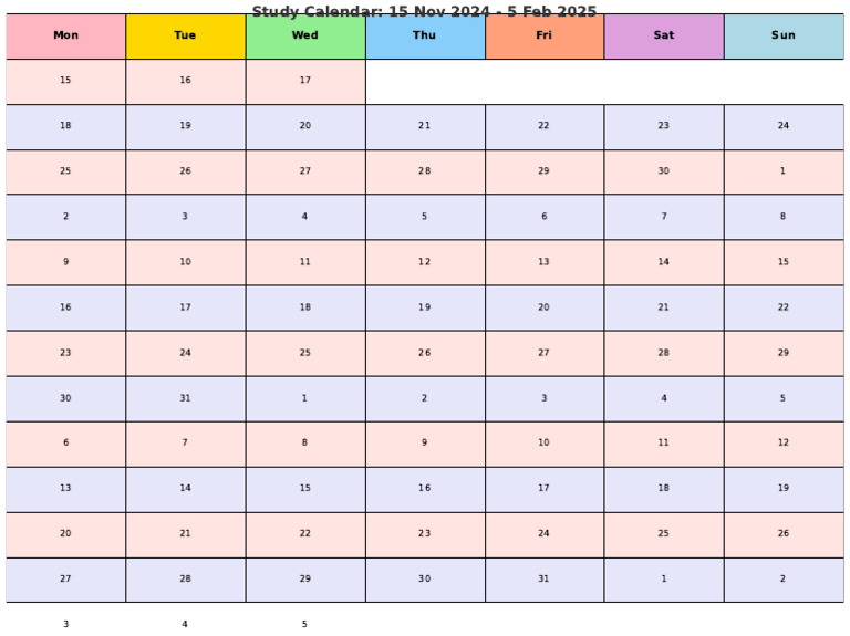 Study Calendar: Nov 2024-Feb 2025 | PDF