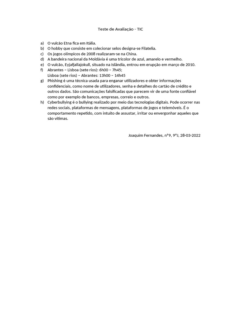 Teste de Avaliação - TIC | PDF