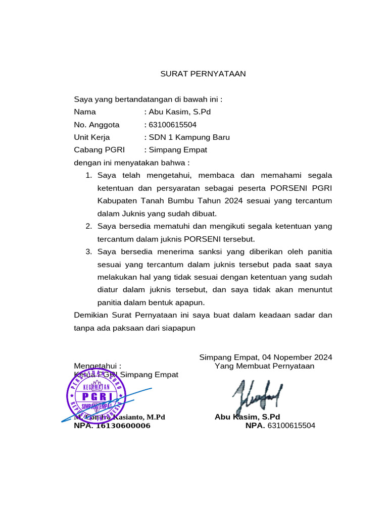 Surat Pernyataan Pace - (Simp.4 OK | PDF | Politik | Ilmu Sosial