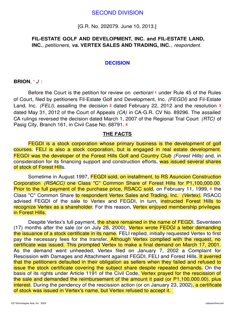 Fil-Estate Golf and Development, Inc. v. Vertex Sales and Trading, Inc ...