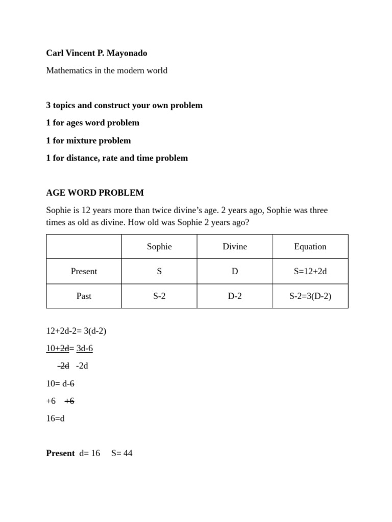 Solving: Age Word Problem, Mixture Problem, Distance Rate and Time ...