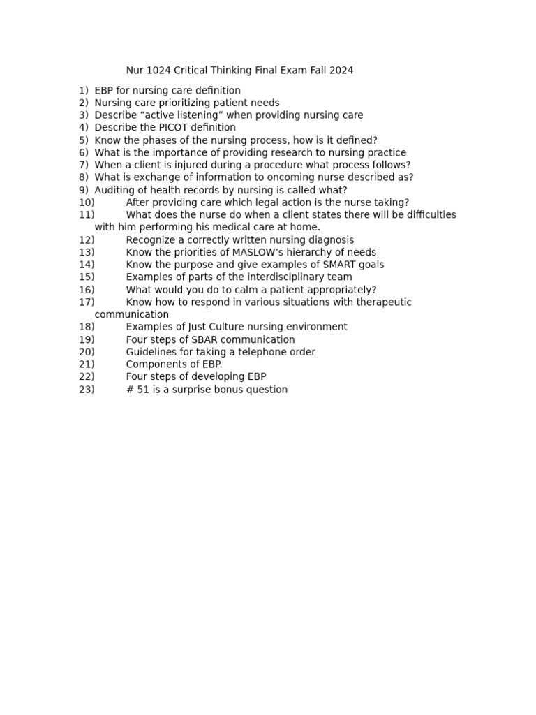 Nur 1024 Critical Thinking Final Exam Fall 2024 | PDF | Science ...