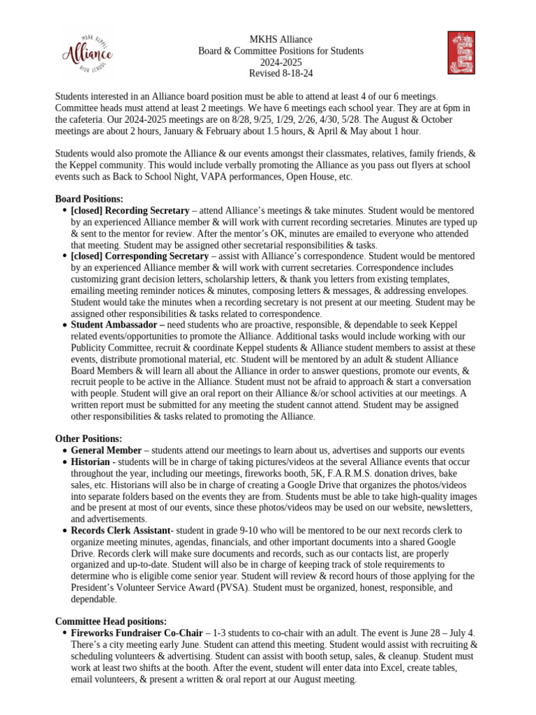 Student Job Descriptions 8-18-24 | PDF