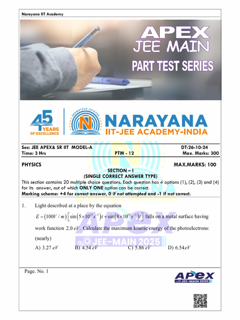 26-10-2024 - SR Iit - Jee Apex - Jee Main Model - ptm-12 - QP Final | PDF