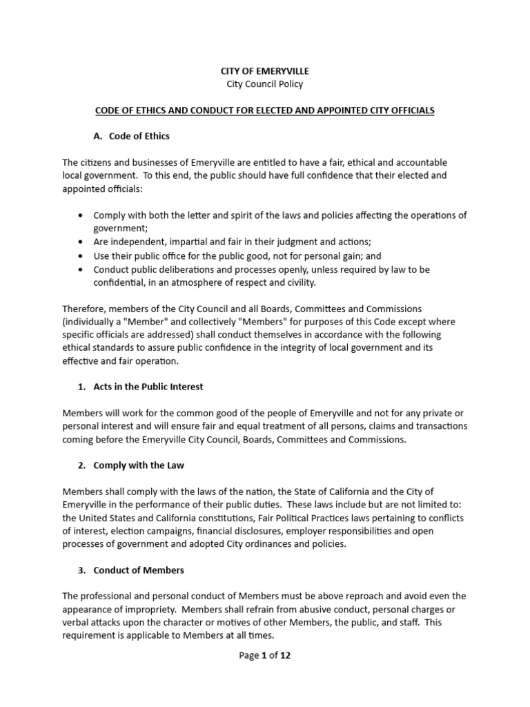 Emeryville Code of Ethics for Officials | PDF
