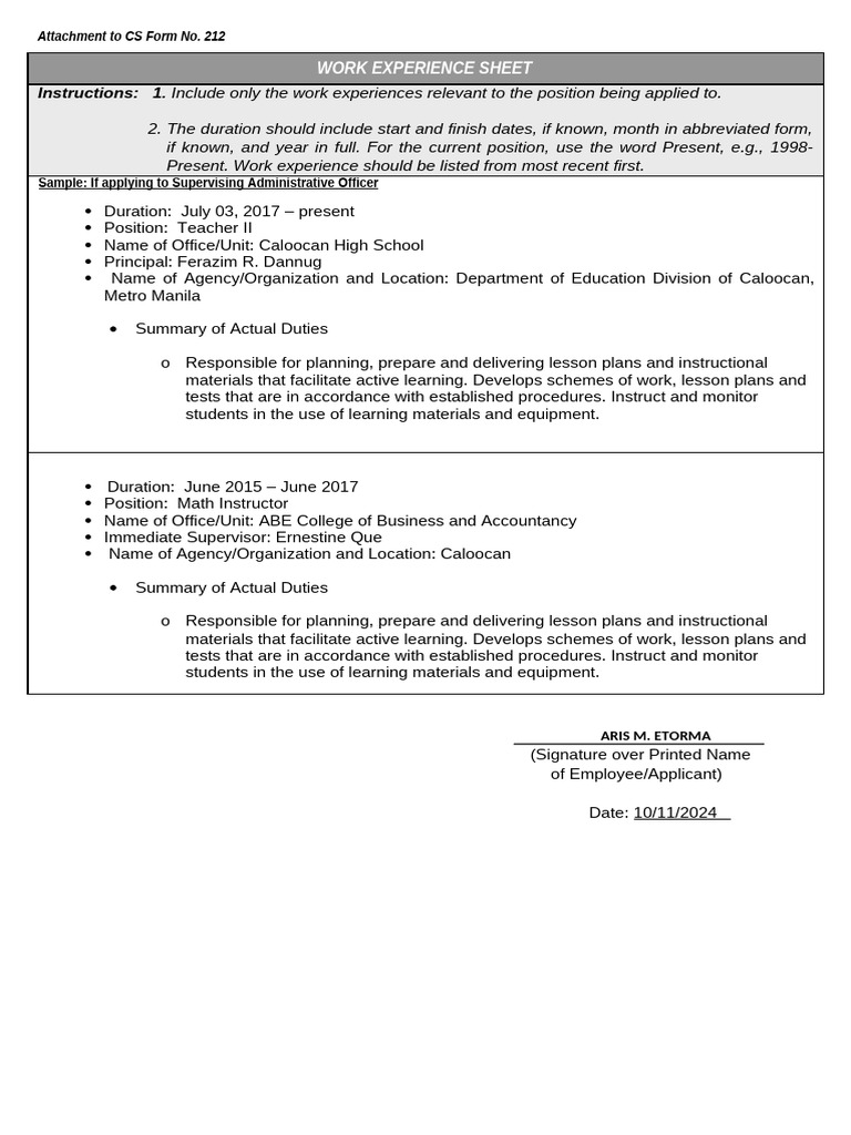 CS Form No. 212 Attachment - Work Experience Sheet | PDF | Wellness